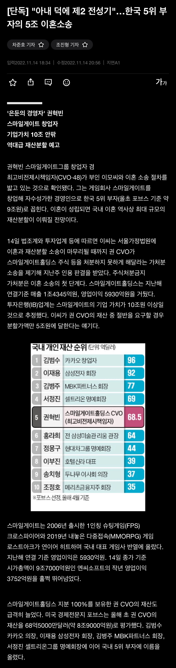 한국 부자랭킹 5위 권혁빈, 5조 이혼소송 - 에누리 쇼핑지식 자유게시판