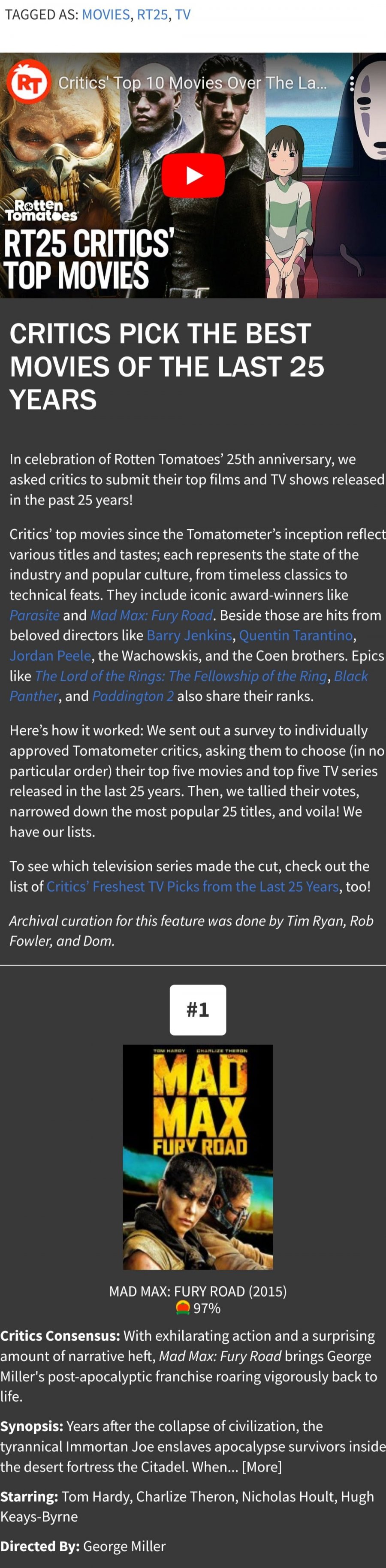 로튼 토마토 크리틱 선정 25년간 최고의 영화 순위 1위 - 에누리 쇼핑지식 자유게시판